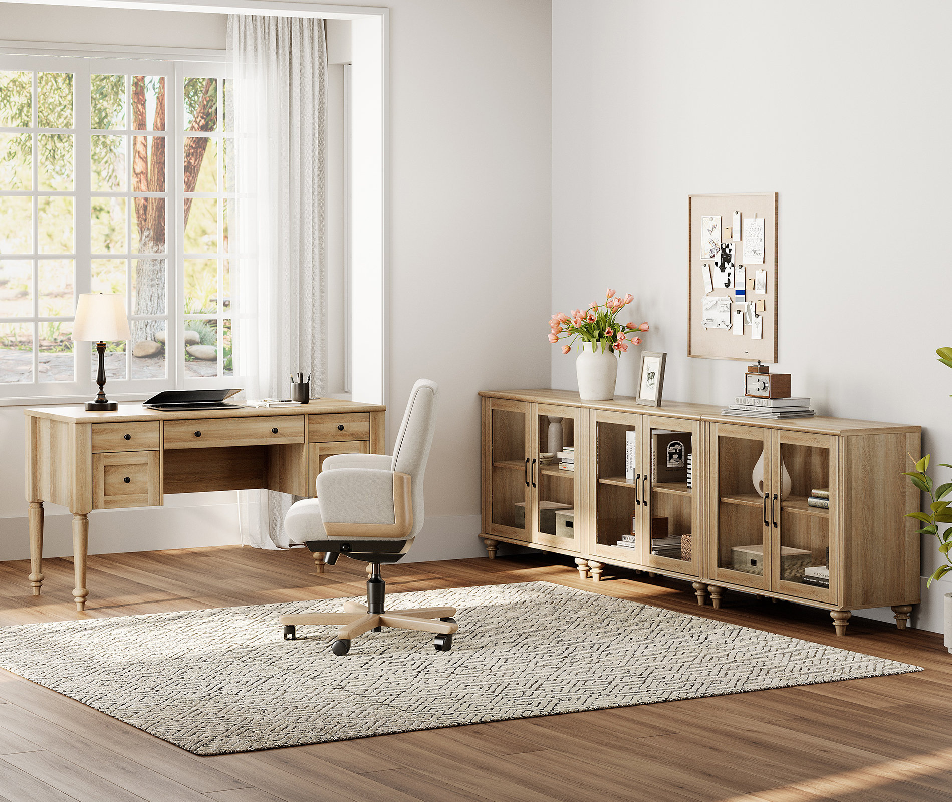 Red Barrel Studio® 2 Piece Office Set, 56" Executive Desk & Set Of 3 Cabinets With Glass Door ...